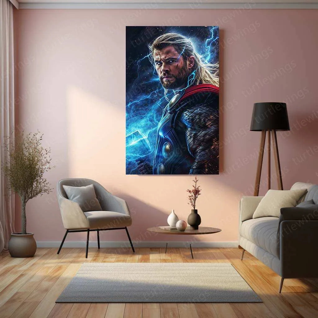 Thor Holding Thor's Hammer with Lightning - Digital Artwork Print ...