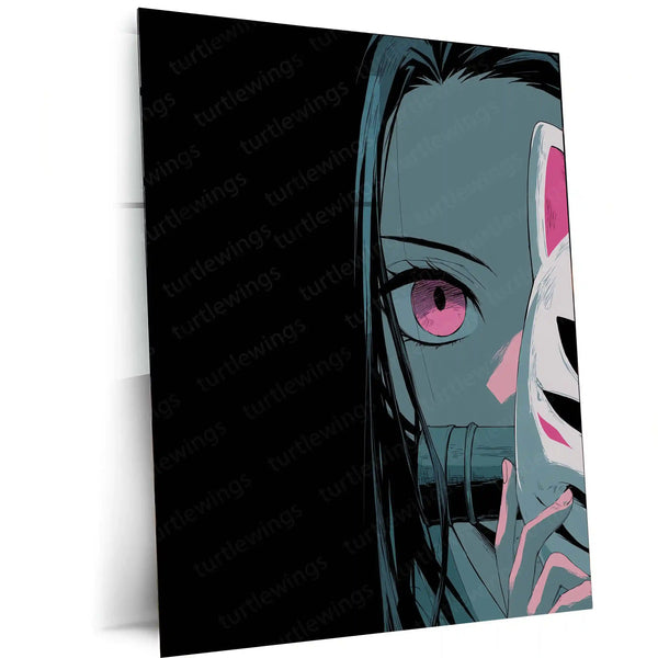 Nezuko Kamado Metal Frame – Fox Mask Half-Cover Anime Poster | Elegant ...